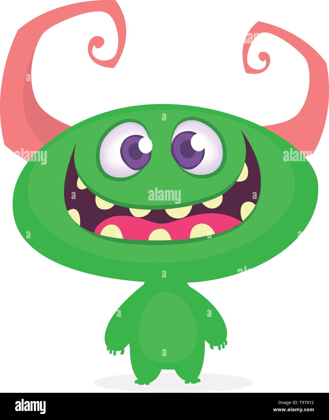 Funny cartoon monster. Vector green horned monster illustration ...