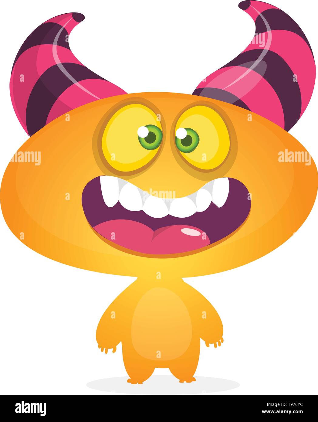 Happy cool cartoon fat monster. Orange and horned vector monster ...