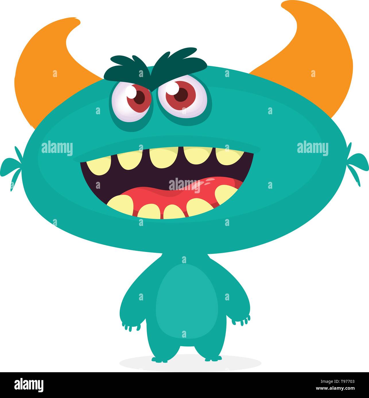 Happy cool cartoon fat monster. Blue and horned vector monster ...