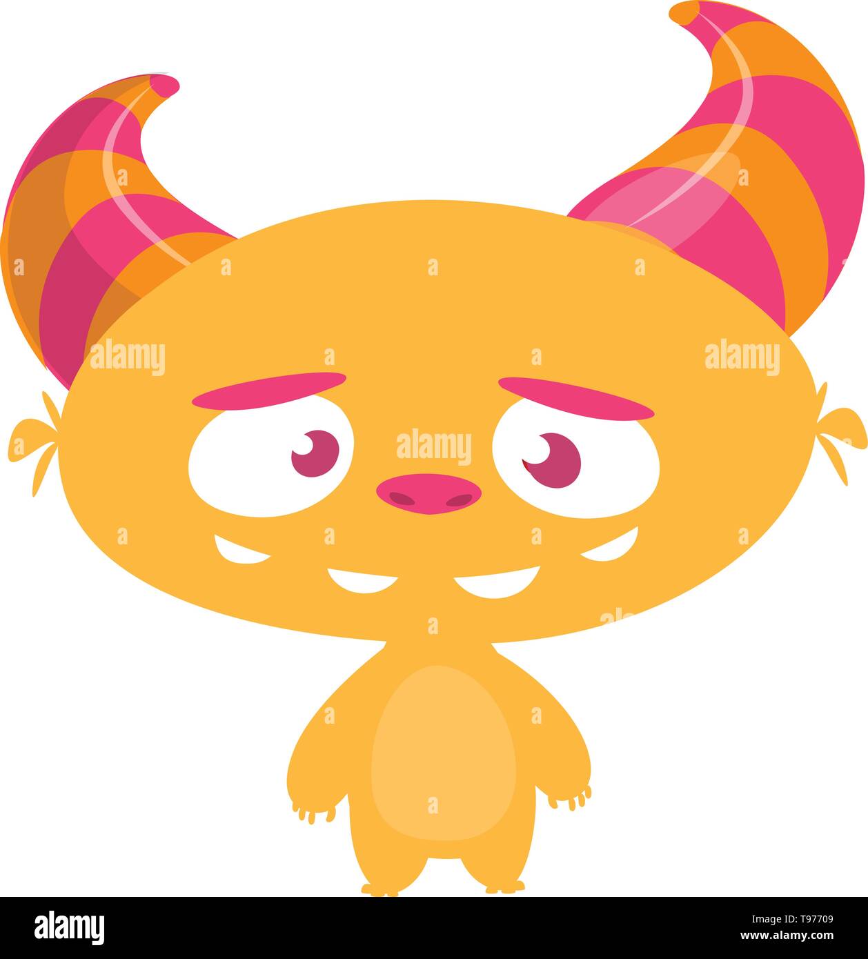 Happy cool cartoon fat monster. Orange and horned vector monster ...