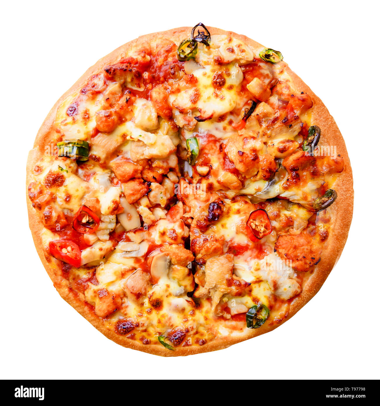 Pizza with Bacon, Sausage, Cheese, Ham, Capsicum and Cherry Tomatoes on ...