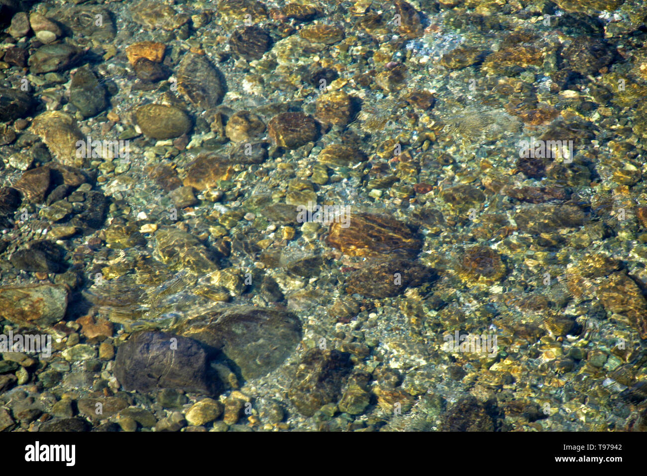 Rocks and pebbles seen through the transparent layer of crystal clear ...