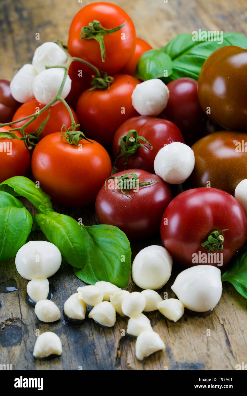 tasty colorful organic food ingredients for tomato mozzarella salad on ...