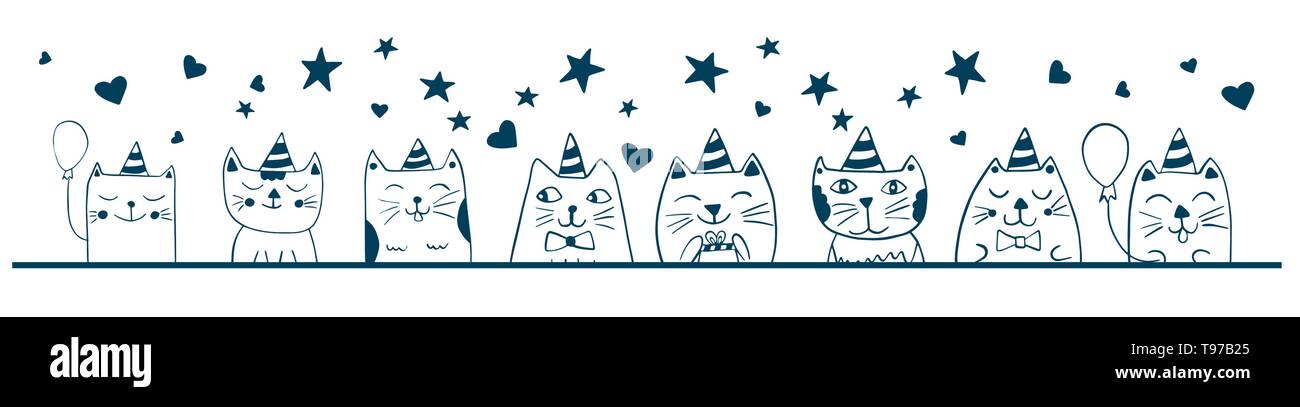 Cute funny cats sketch. Birthday party celebration. Doodle animal ...