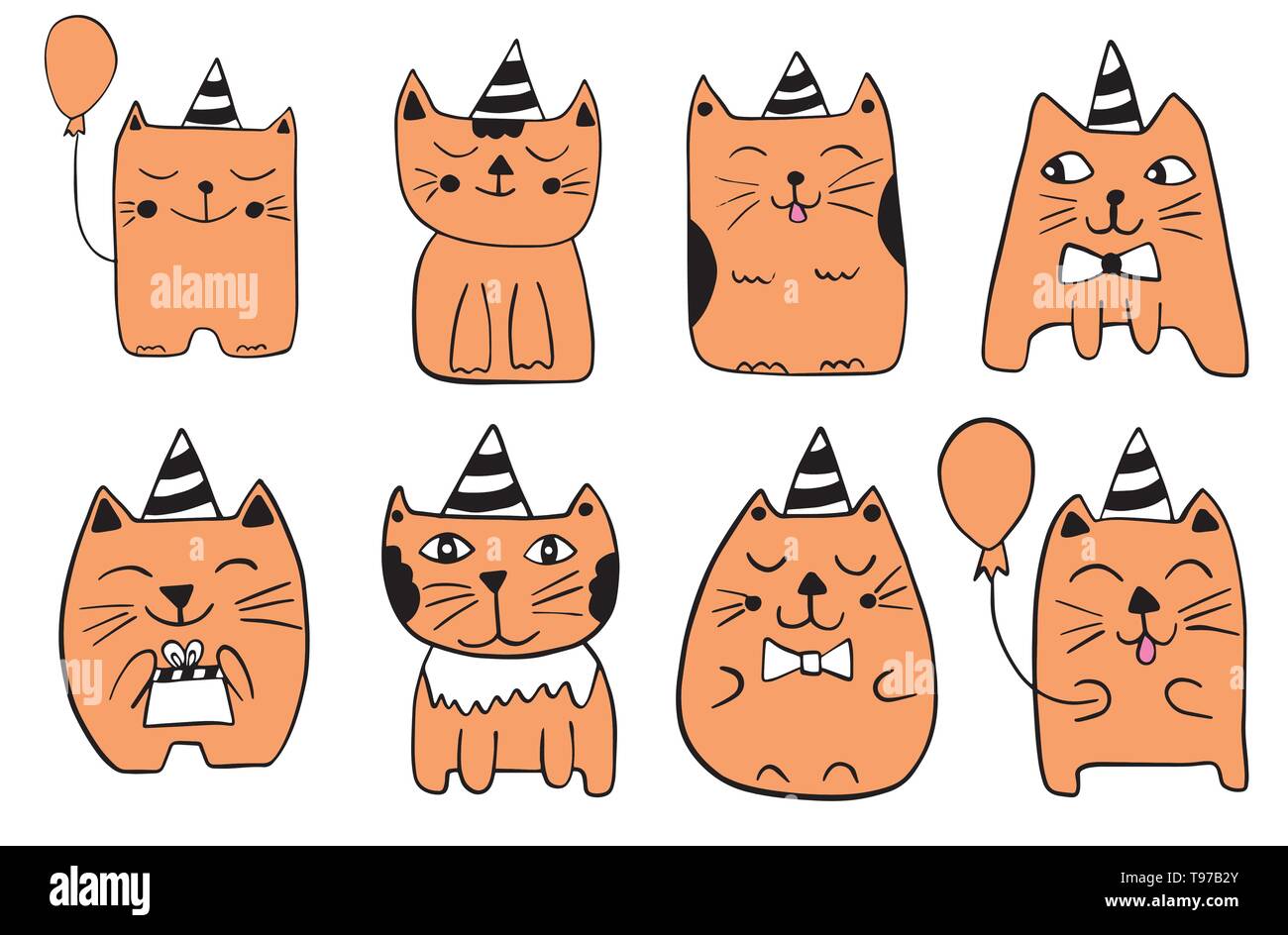 Cute cats. Hand drawn stylized characters. Outline doodle animals ...