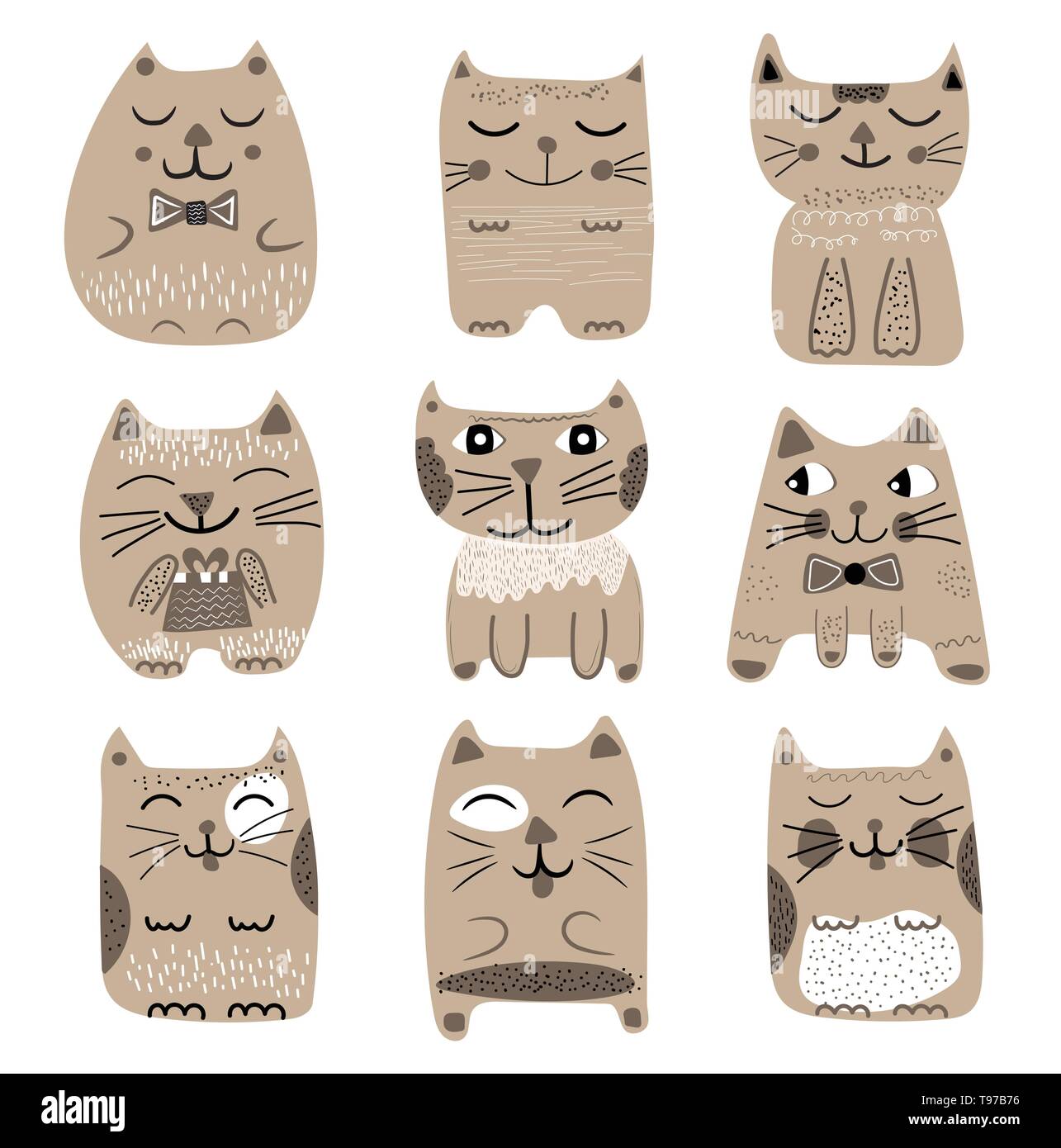 Cute cats set. Childish cartoon characters. Brown vector illustration ...