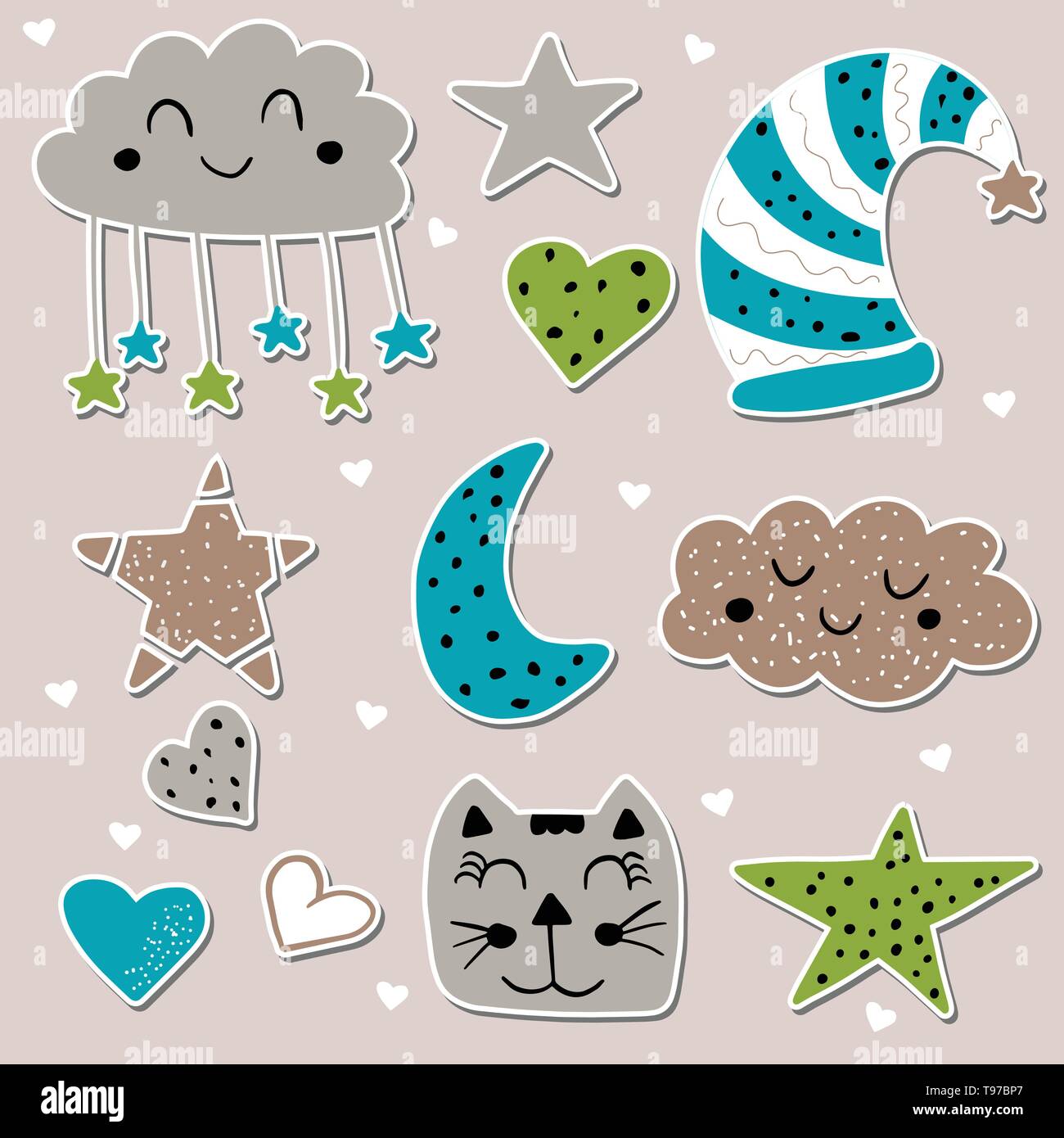 Good night childish decoration set. Cute stickers. Doodle stylized ...