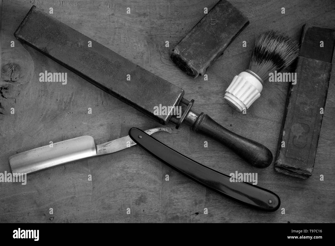 old shaving items seen from above. Black and white Stock Photo - Alamy