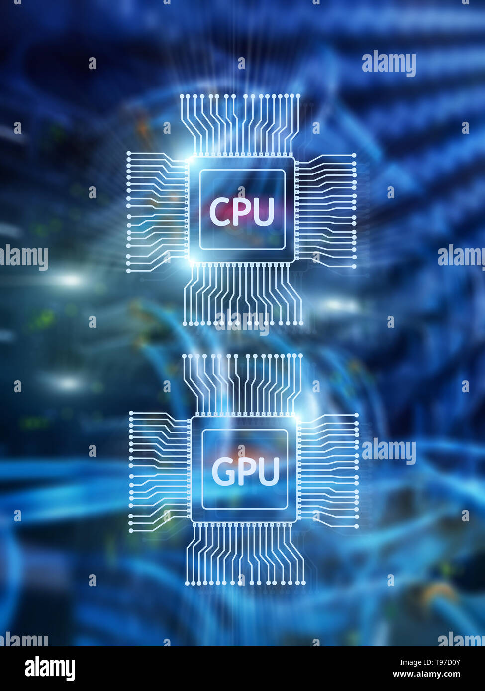CPU and GPU Processor Chip over digital datacenter background Stock ...