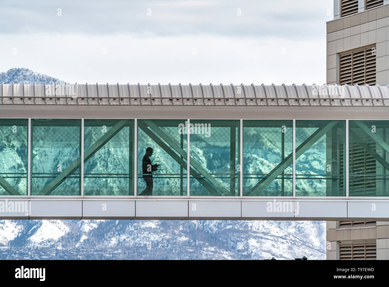 Skyway connecting buildings with a snowy mountain and cloudy sky ...