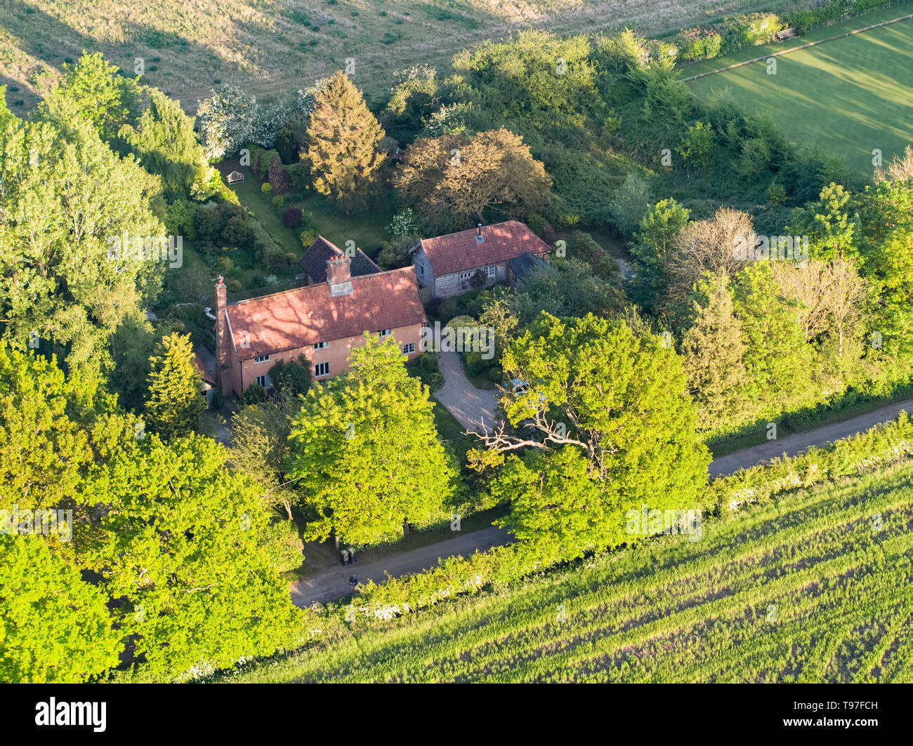 Traditional Suffolk cottage in woodland surrounded by agriculture ...