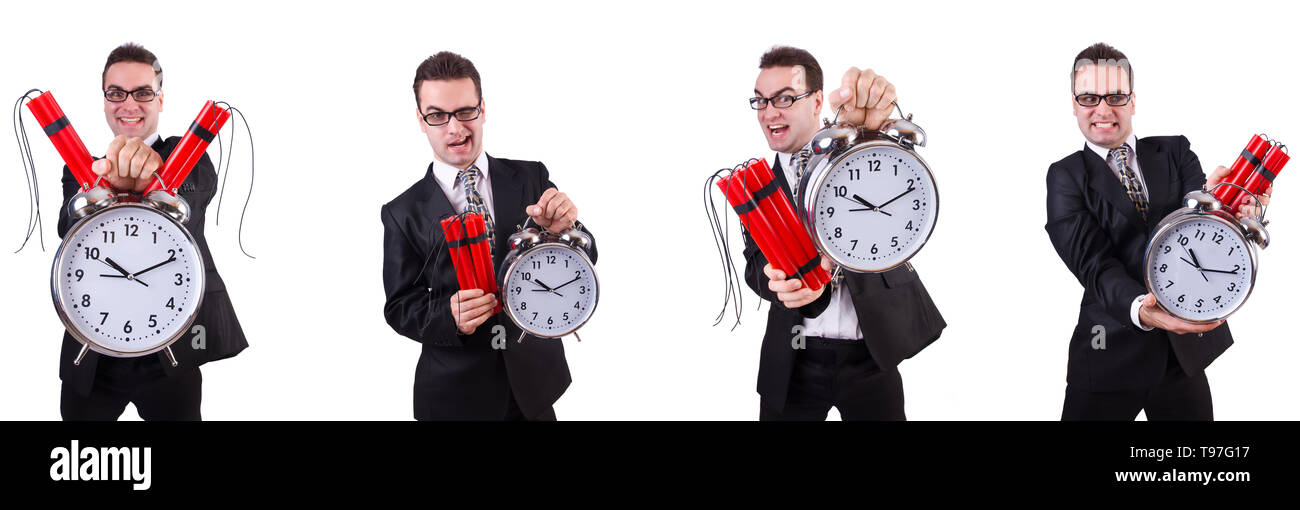 Man with time bomb isolated on white Stock Photo - Alamy