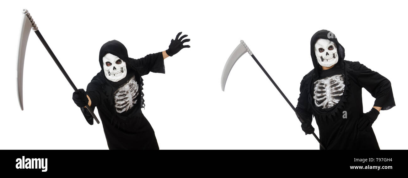 Scary monster with scythe isolated on white Stock Photo - Alamy