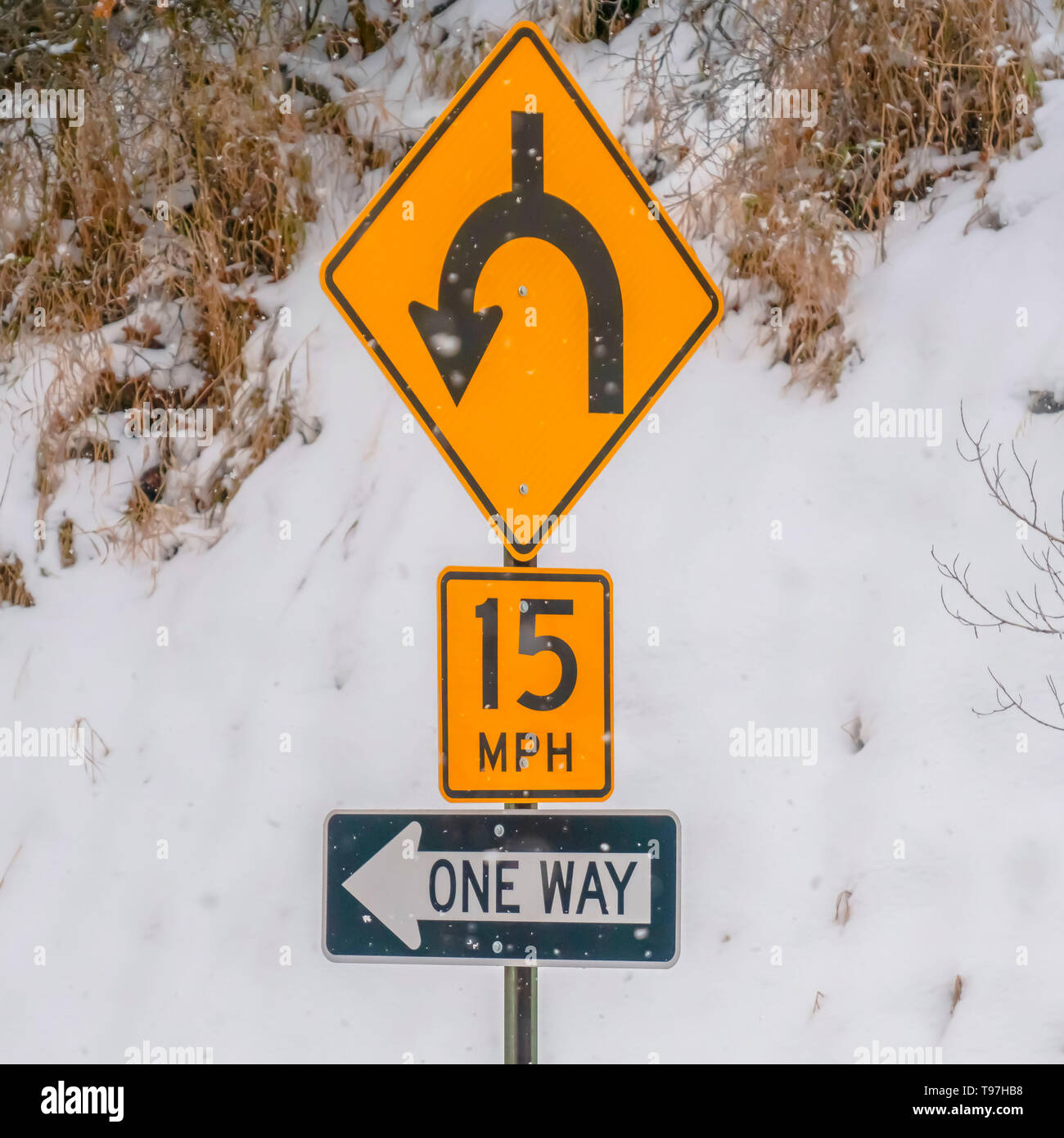 Clear Square Road signs against snow covered slope in winter Stock ...