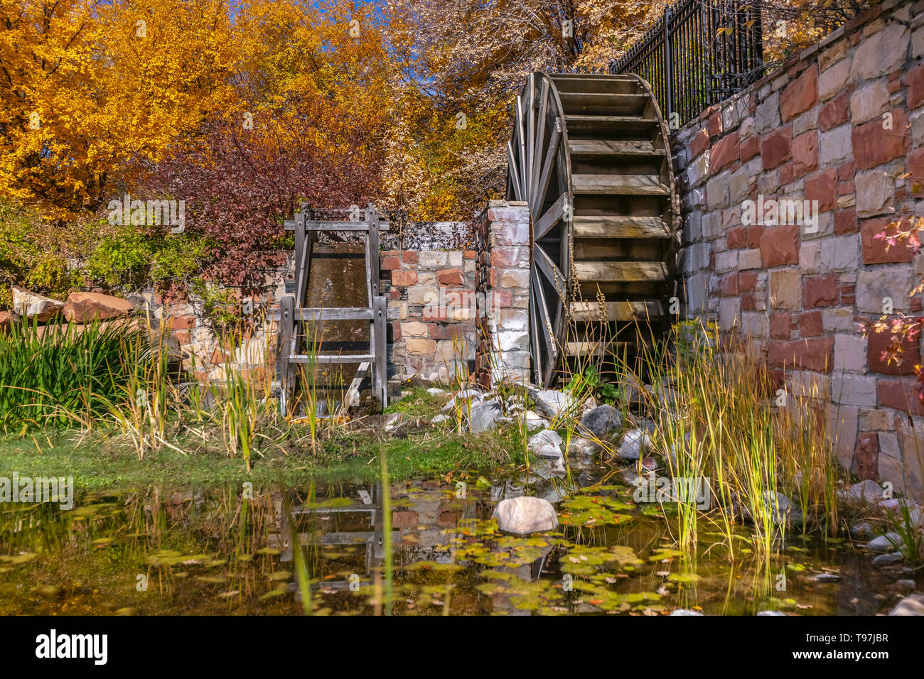 Wooden water wheel and flume at a reflective pond with grasses and ...