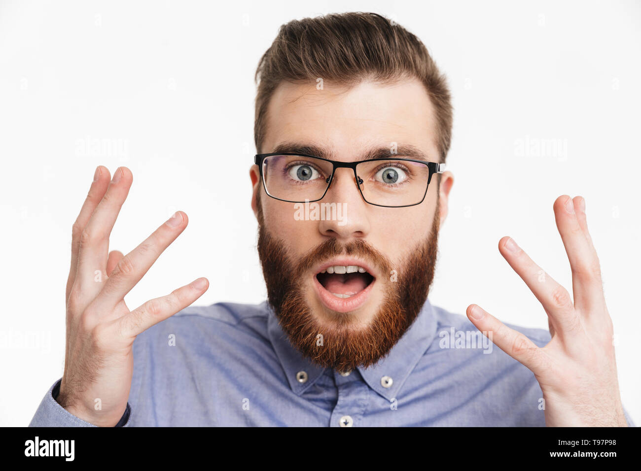 Close up image of Surprised confused bearded elegant man in eyeglasses ...