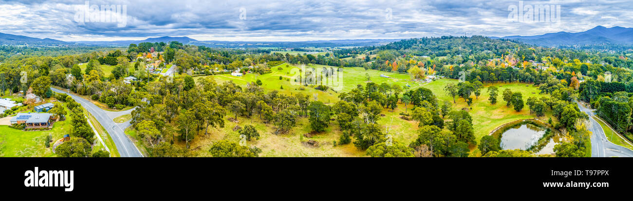 Wide aerial panoramic landscape of scenic countryside. Grasslands among ...