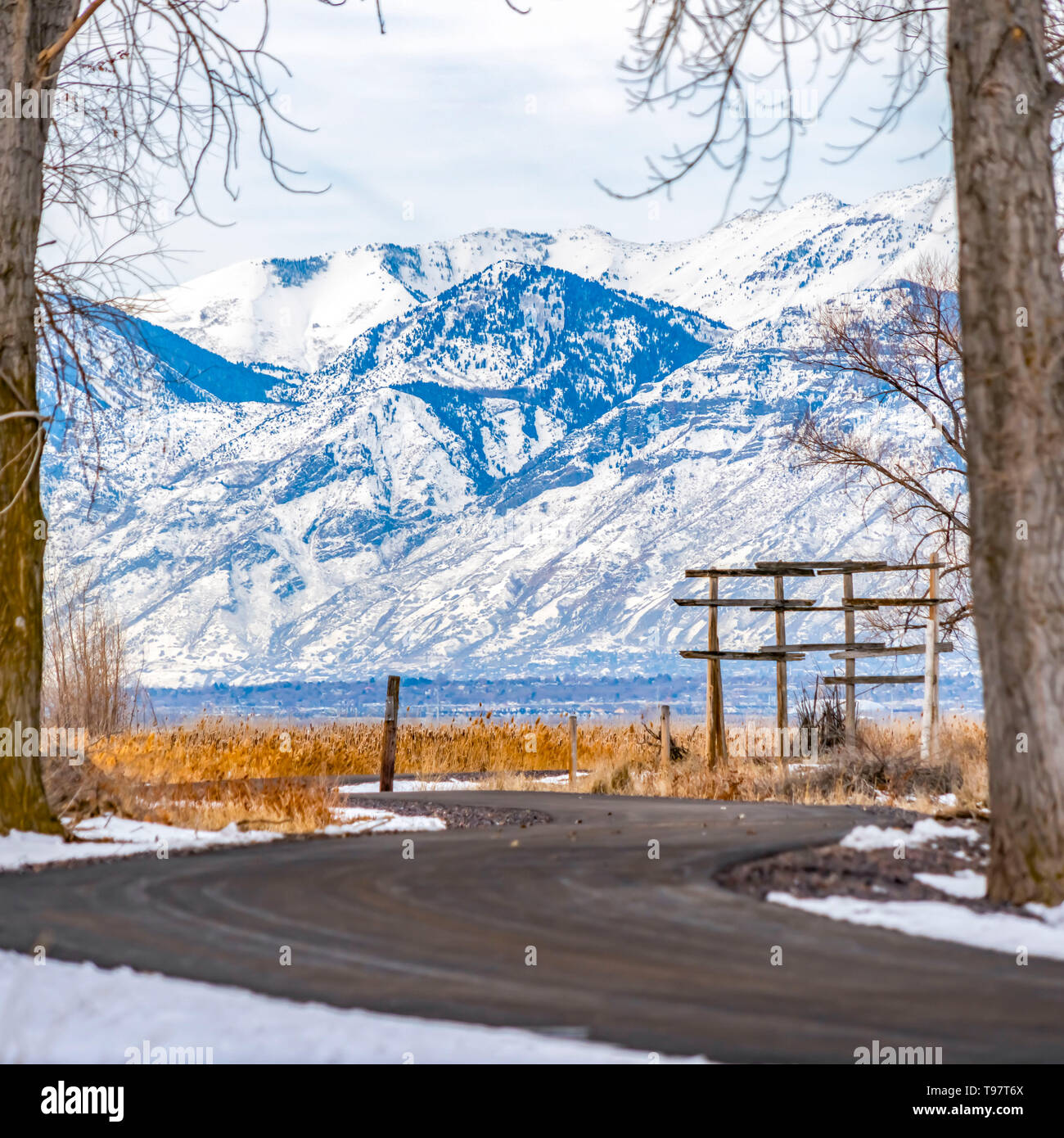 Square Road curving through a snowy and grassy terrain with leafless ...