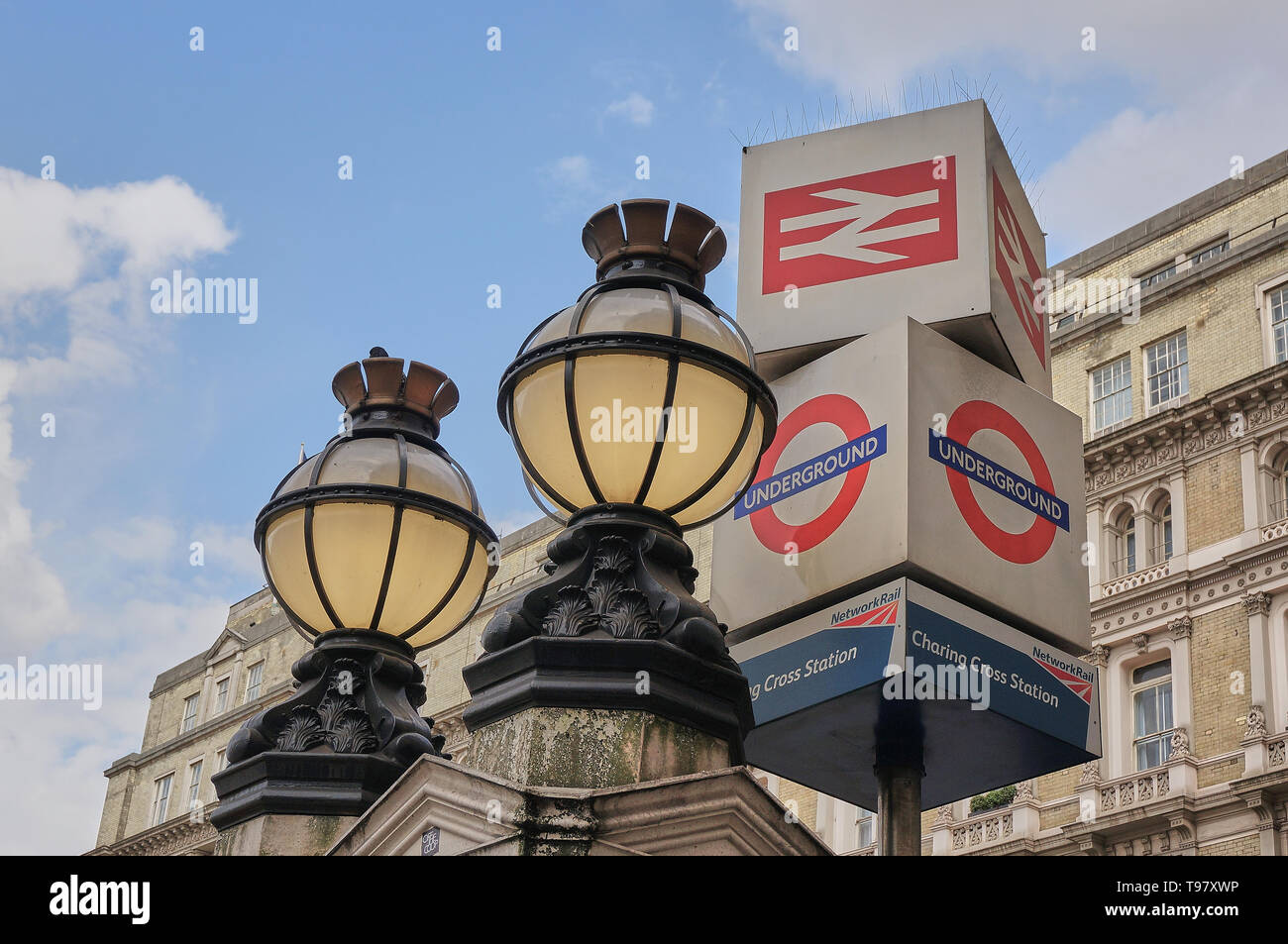 Close-up of Lights and Signs outside Charing Cross Rail Station in ...