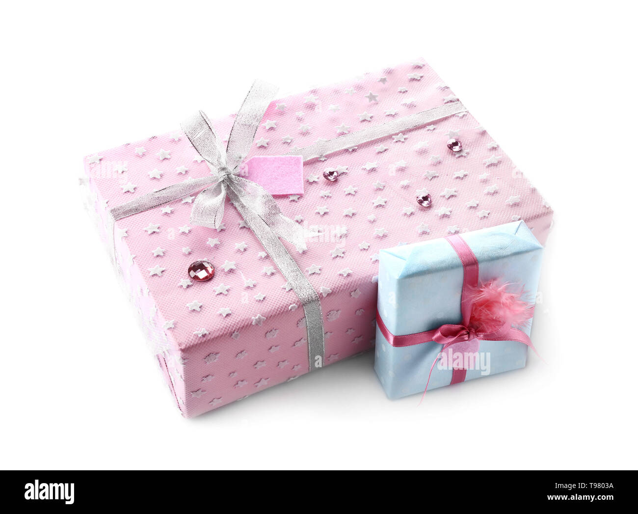Beautiful gift boxes on white background Stock Photo - Alamy