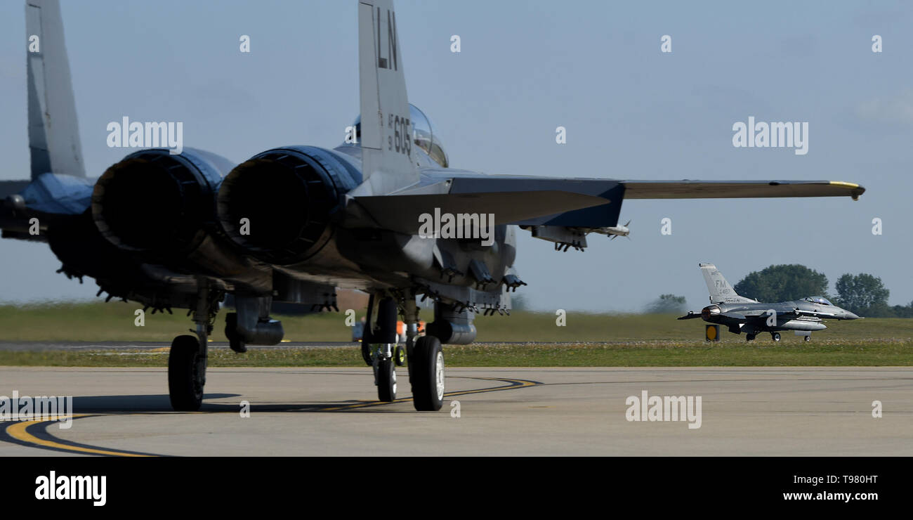 An F-15E Strike Eagle assigned to the 492nd Fighter Squadron taxis ...