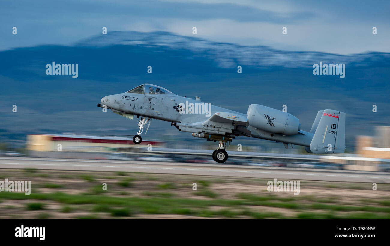 An A-10 Thunderbolt II from the 190th Fighter Squadron takes off from ...