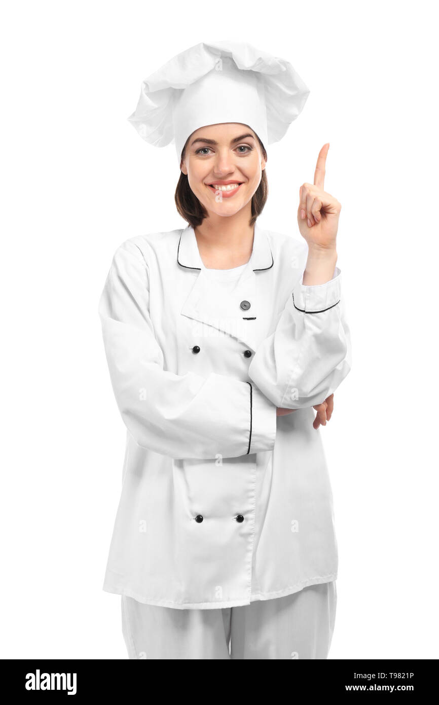 Young female chef on white background Stock Photo - Alamy
