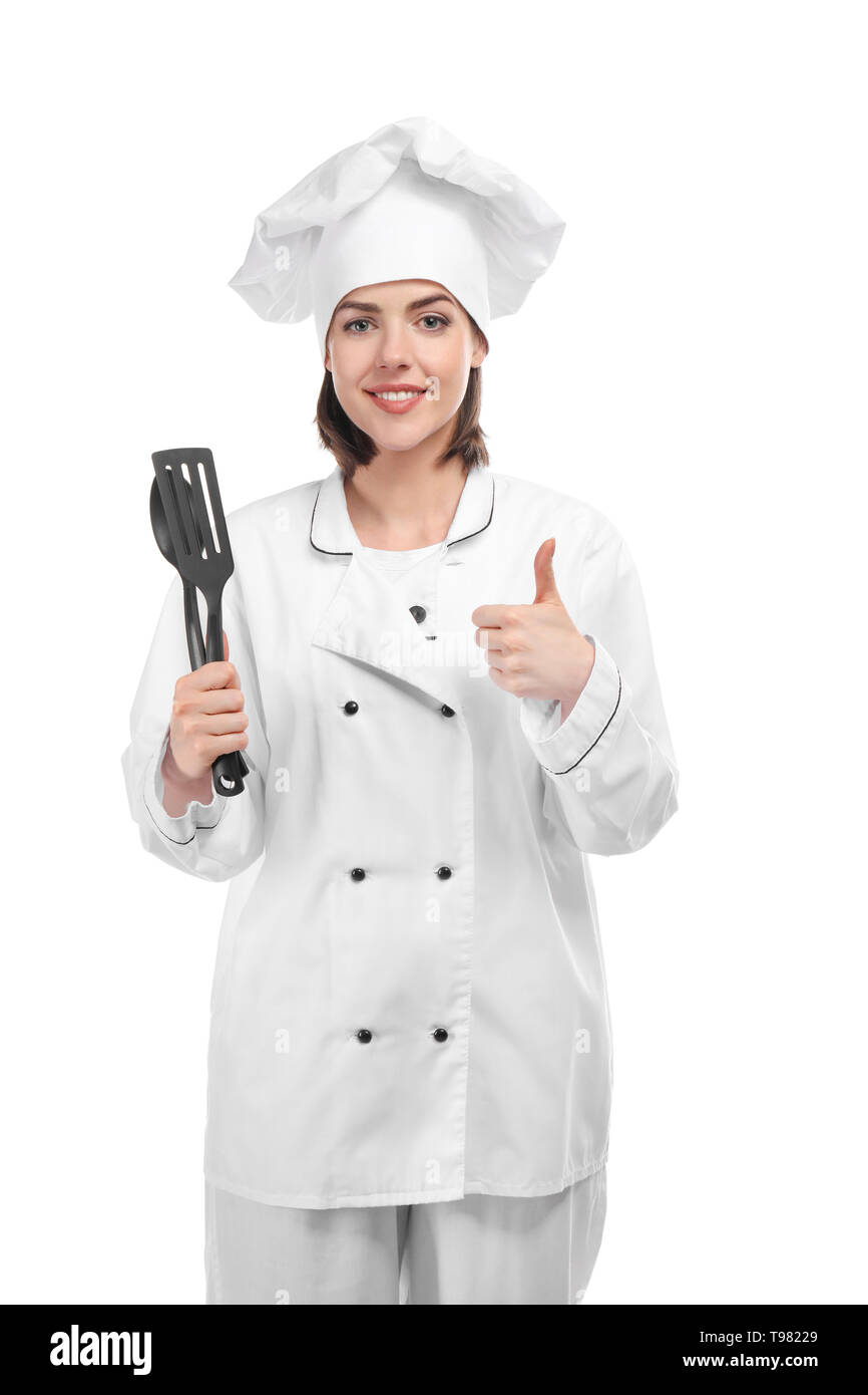 Young female chef on white background Stock Photo - Alamy