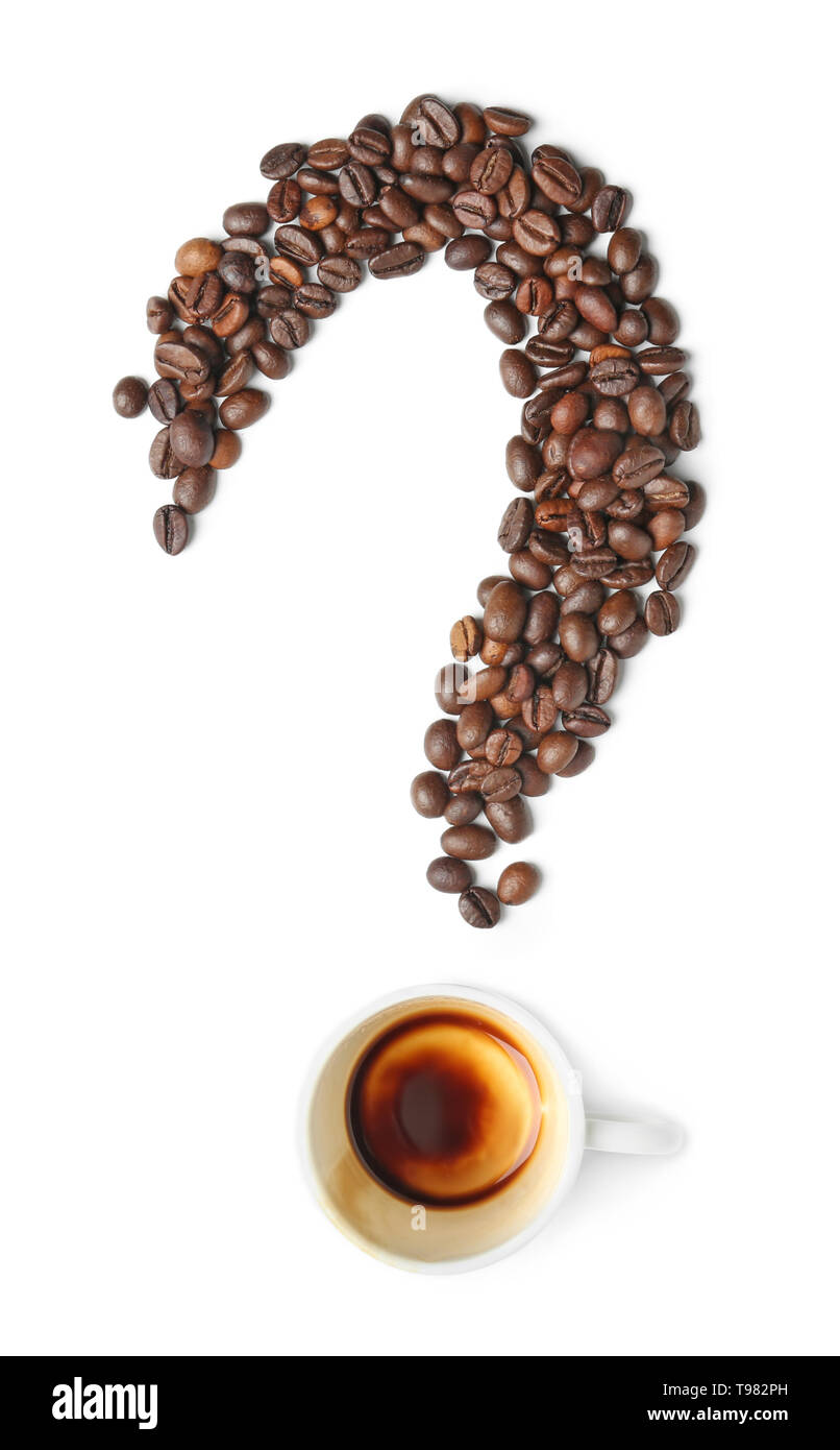 Question mark made of empty cup and coffee beans on white background ...