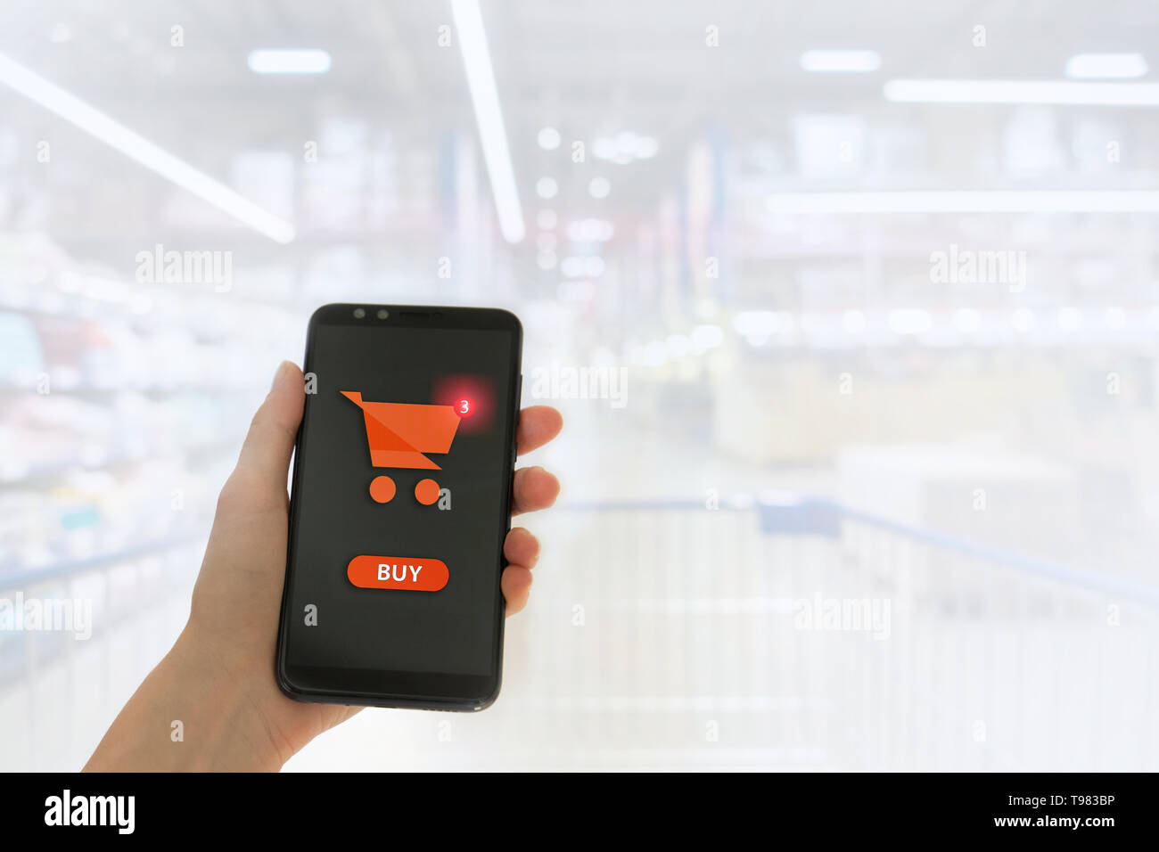 Hand holding mobile smart phone with my shopping carts screen on ...