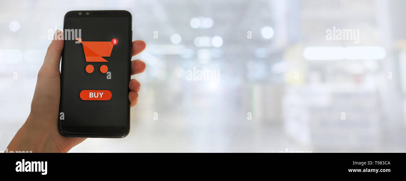 Hand holding mobile smart phone with my shopping carts screen on ...