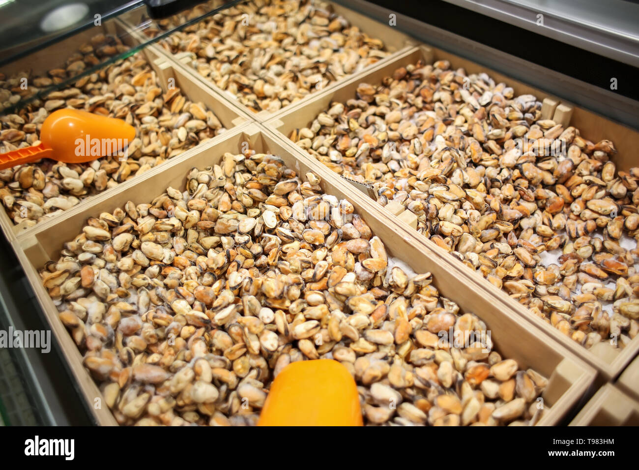 Boxes with frozen mussels on counter in store Stock Photo - Alamy