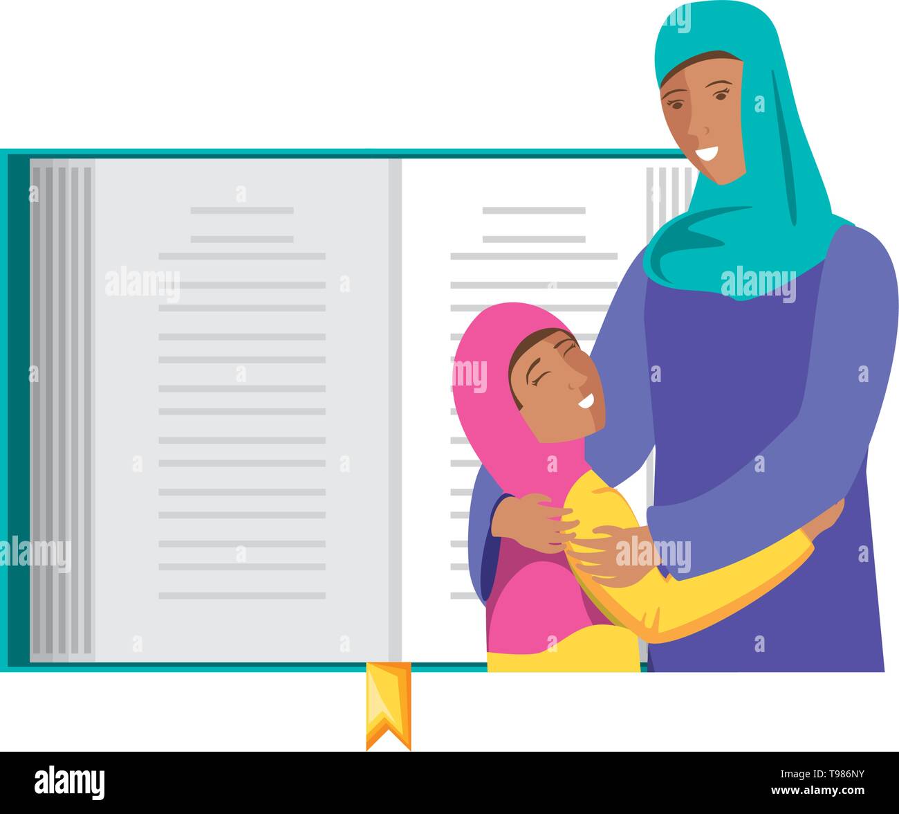 islamic mother with daughter with sacred book vector illustration ...