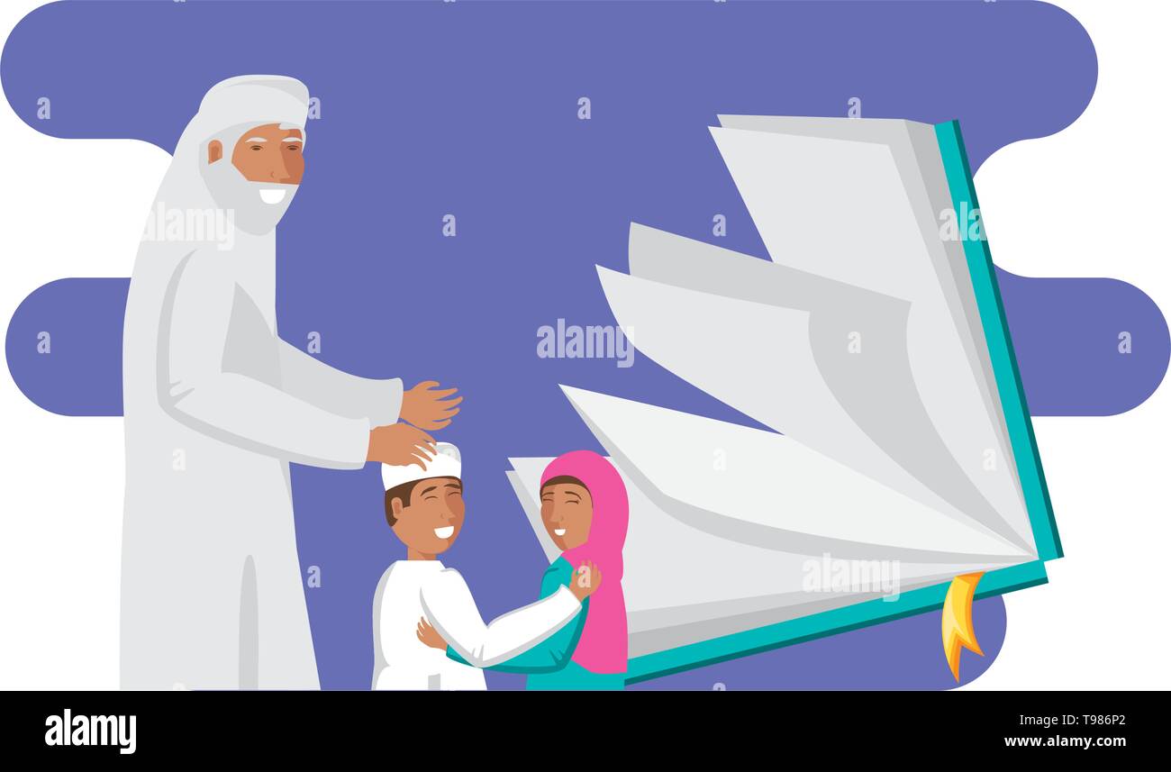 old islamic man with little kids with holy book vector illustration ...