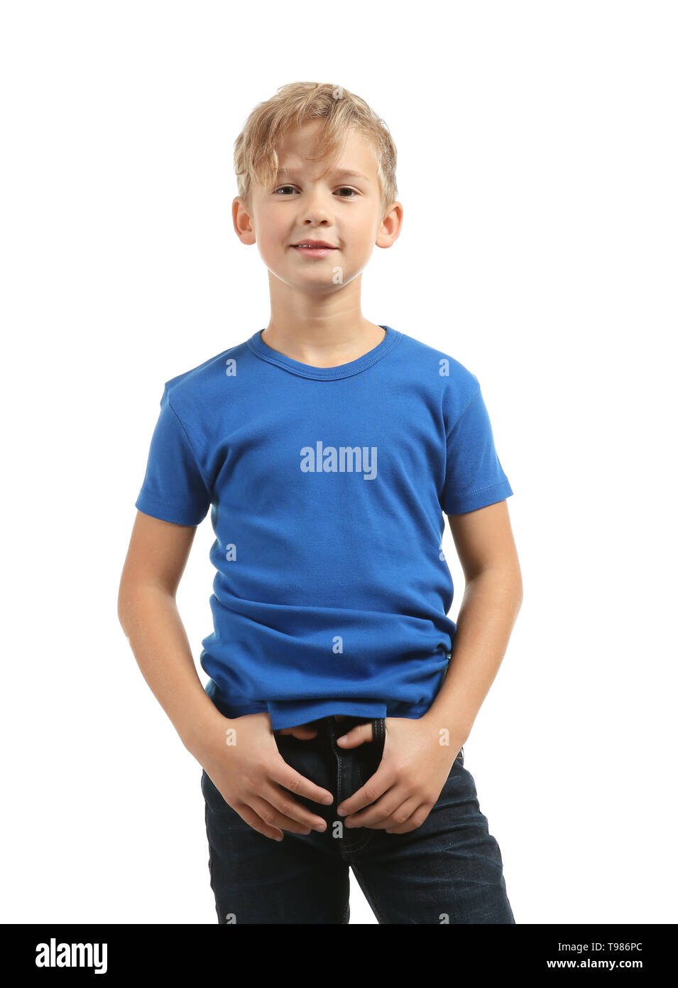Cute boy in t-shirt on white background Stock Photo - Alamy