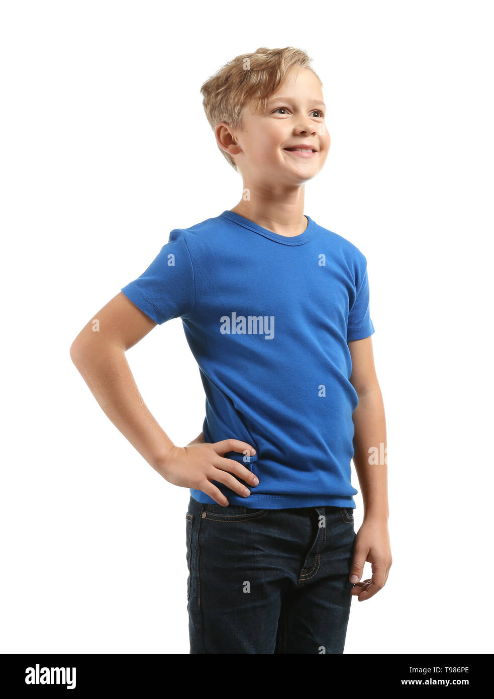 Cute boy in t-shirt on white background Stock Photo - Alamy