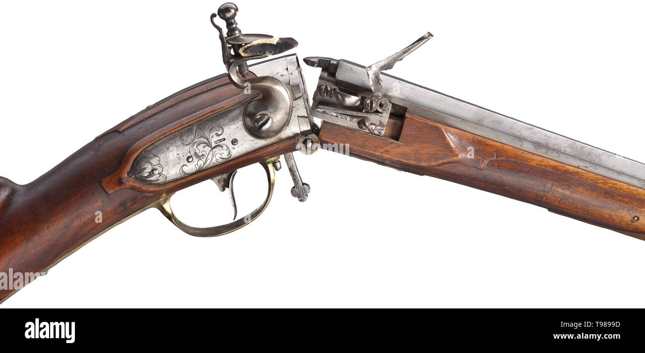 A German(?) breech-loading drop-barrel flintlock shotgun with four ...