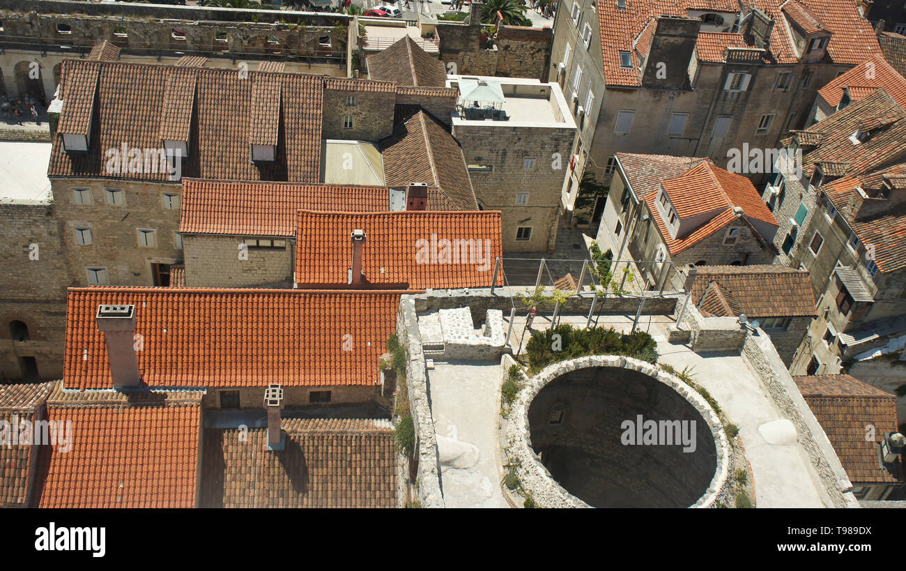 Aerial view of the city from the bell tower, roofs of houses in old ...