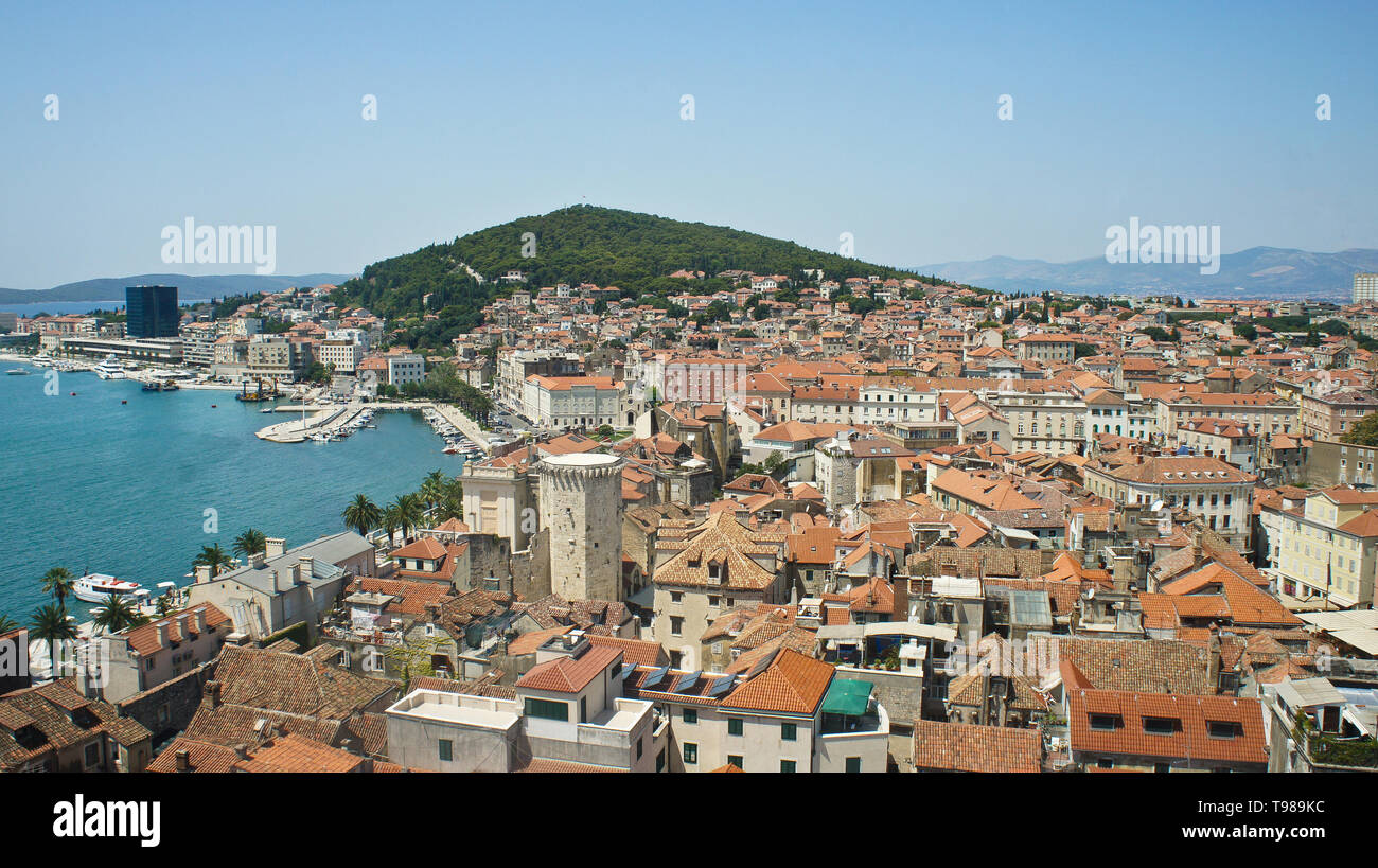 Scenic aerial view of coast and roofs from the bell tower, beautiful ...