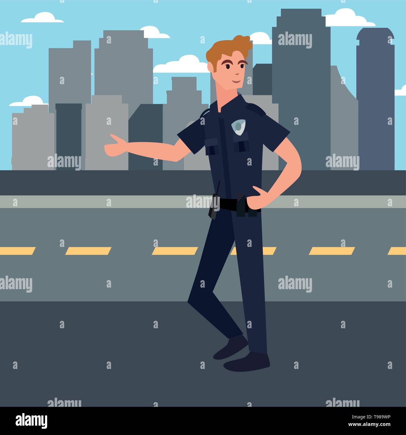 policeman city street building urban background vector illustration ...