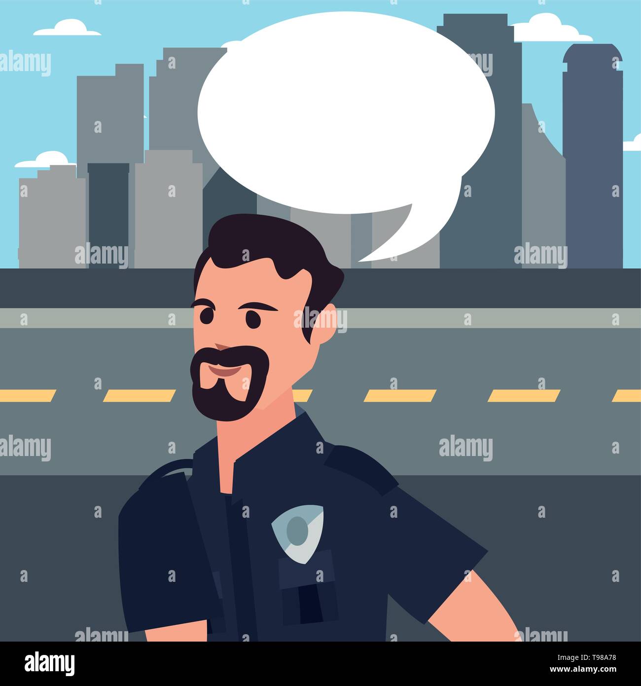 policeman speech bubble city street road building background vector ...