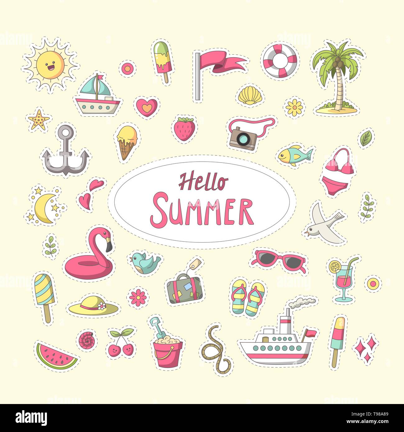 Summer sticker. Set of cute cartoon characters. Vector collection for ...
