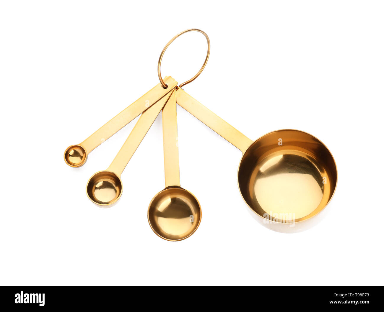 Different metal scoops on white background Stock Photo - Alamy