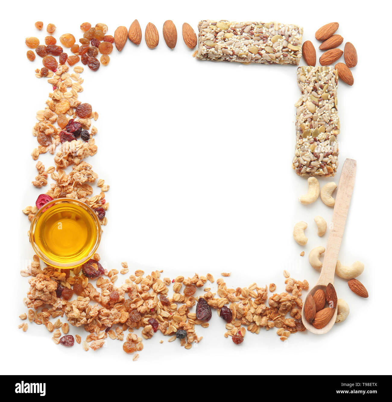 Frame made with granola and cereal bars on white background Stock Photo ...