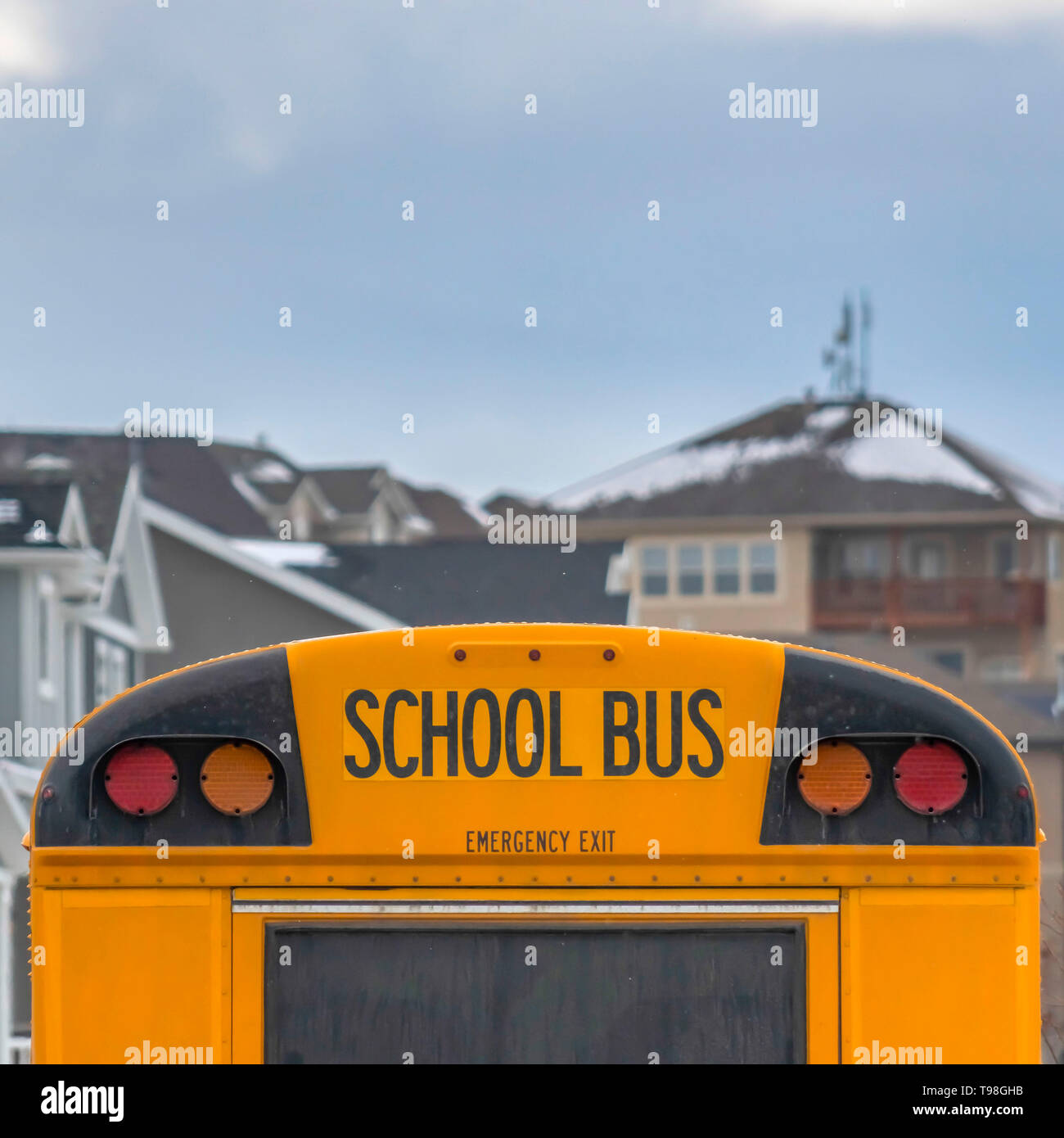 Square Yellow school bus with rectangular window and several signal ...