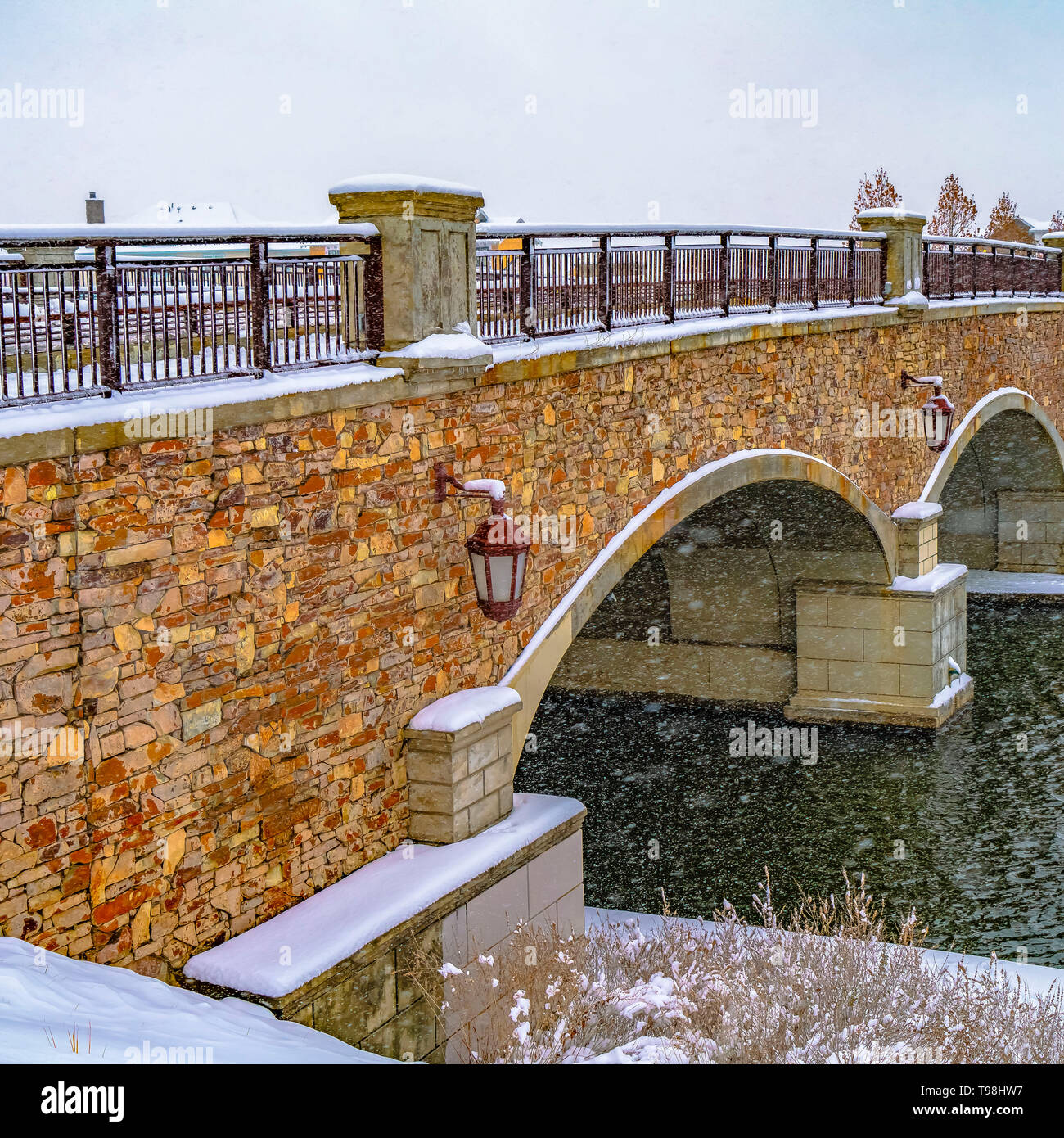 Clear Square Winter in Daybreak with view of an arched bridge Stock ...
