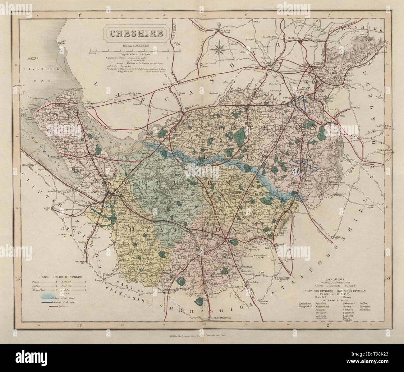 Cheshire antique county map by J & C Walker. Railways & boroughs 1868 ...