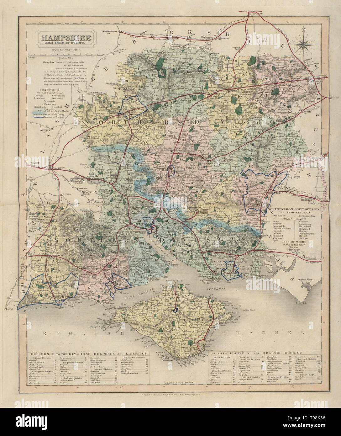 Hampshire antique county map by J & C Walker. Railways & boroughs 1868 ...