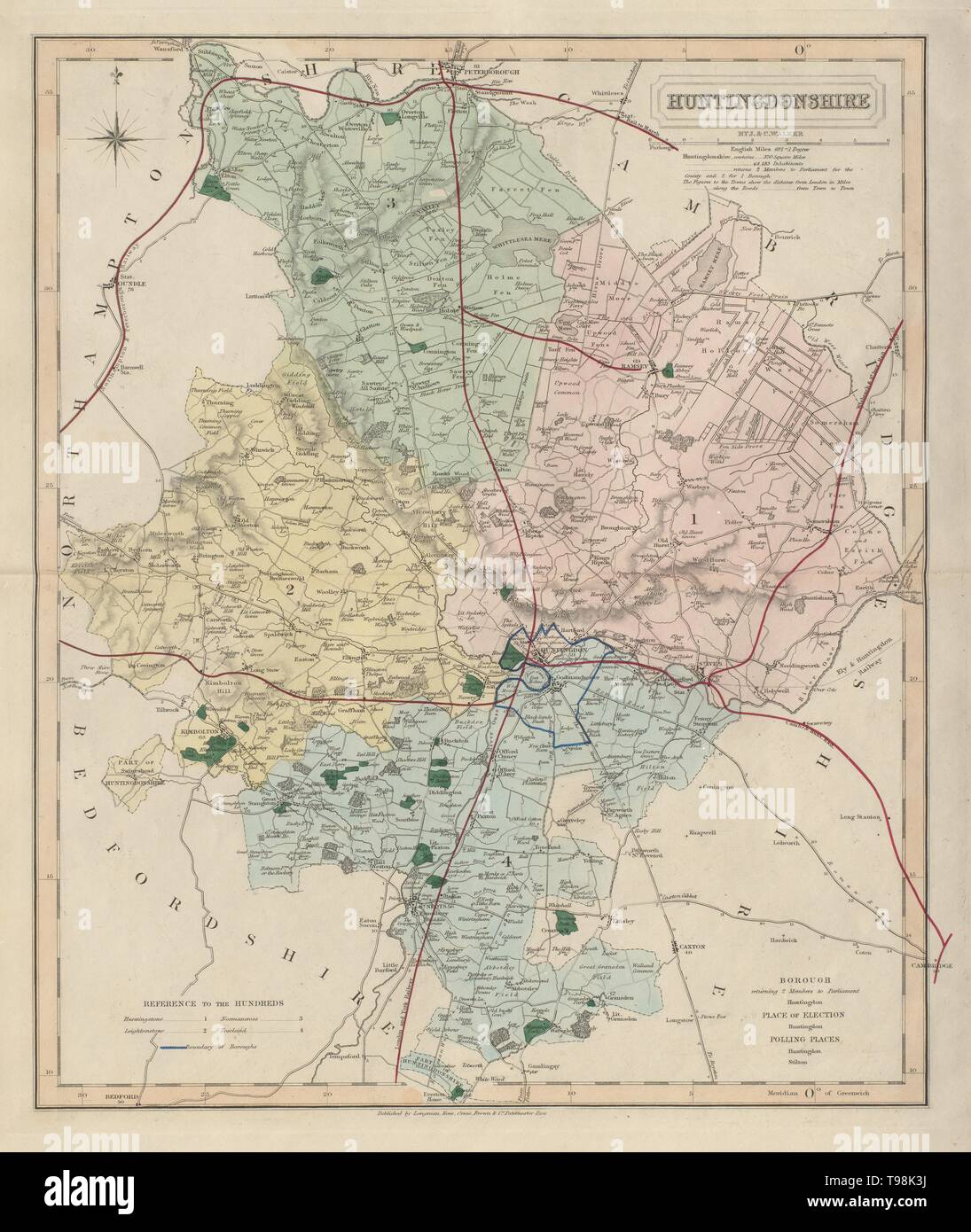 Huntingdonshire antique county map by J & C Walker. Railways & boroughs ...