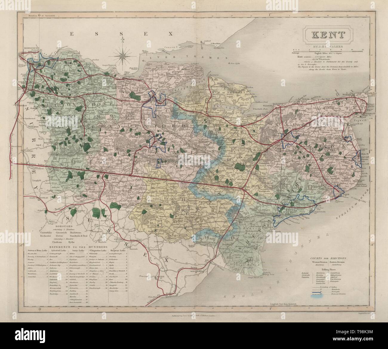 Kent antique county map by J & C Walker. Railways & boroughs 1868 old ...